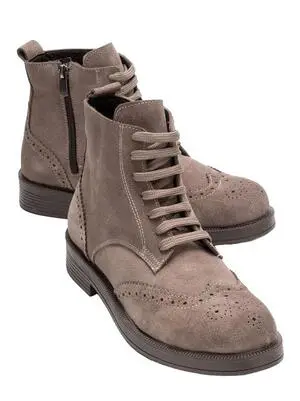 FOREVER & ALWAYS SHOES Nelvy Leather Brogue Boots Taupe Suede