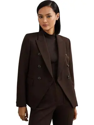 REISS Priya Twill Double-Breasted Blazer Chocolate Brown