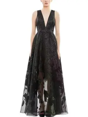 SAIID KOBEISY Brocade V-Neck Maxi Dress Black