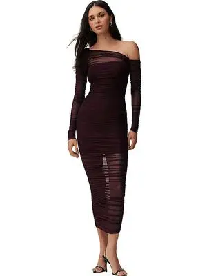 SEROYA Chante Mesh Long-sleeve Dress - Wine