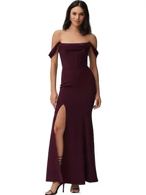 Dress The Population Off-the-shoulder Corset Crepe Maxi Dress - Dark Red
