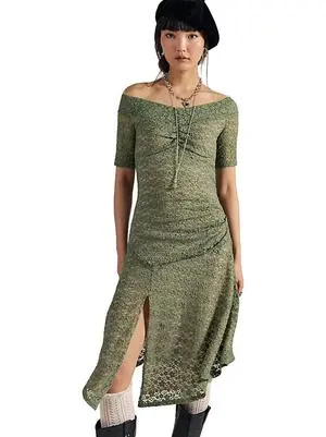 Free People Meena Off-the-shoulder Midi Dress - Oil Green
