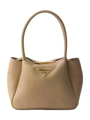 Prada Leather Tote Bag With Logo Detail - Neutrals