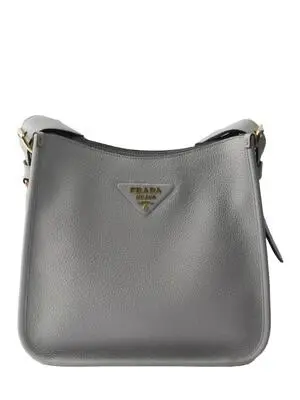 Prada Leather Shoulder Bag With Logo Detail - Grey