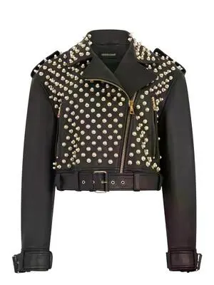 Roberto Cavalli Studded Belted Leather Jacket - Black