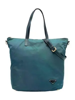 Prada Saffiano Trimmed Tessuto Convertible Tote Satchel - Blue