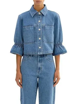 LAMARQUE Ruffle Sleeve Denim Jacket - Mid Blue Wash