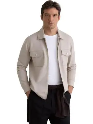 REISS Medina Premium Interlock Zip-through Overshirt - Stone