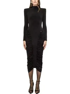 NISSA Rhinestone-embellished Ruched Midi Dress - Black
