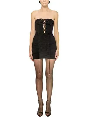 NISSA Ruched Lace-up Mini Dress - Black