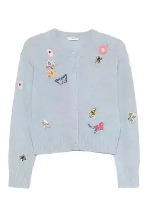 Erdem Floral-embellished Crew-neck Cardigan - Blue