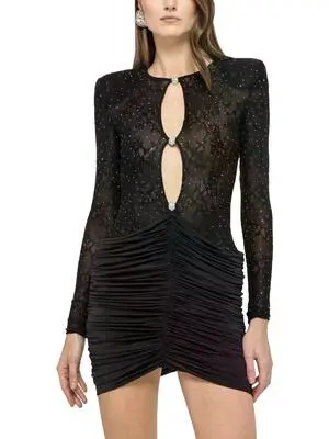 NISSA Rhinestone Lace Mini Dress - Black