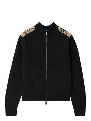 Burberry Checked Ribbed Wool And Cashmere-blend Turtleneck Cardigan - Black