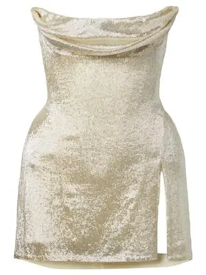 WIEDERHOEFT Ivy Draped Strapless Beaded Tulle Mini Dress - Silver