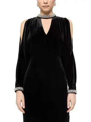 NISSA Crystal Embellished Velvet Midi Dress - Black