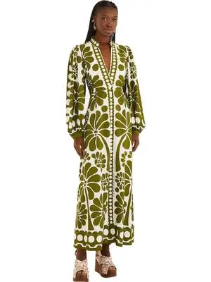 Farm Rio Buttoned Puff Sleeve Maxi Dress - Palermo Green