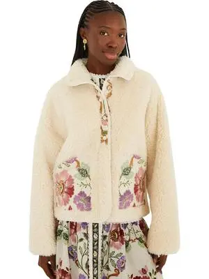 Farm Rio Rococo Flowers Fleece Bomber Jacket - Rococo Flowers Cream