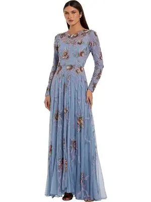 Mac Duggal Floral Beaded Long Sleeve Gown - Slate Blue