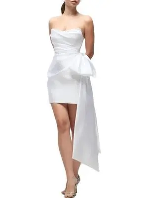 Dessy Collection Strapless Satin Mini Dress With Bow Detail - White