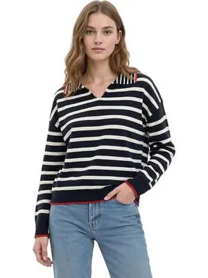 Central Park West Maisie Striped Long Sleeve Polo - Navy Multi