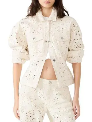 Steve Madden Henrietta Embroidered Eyelet Trucker Jacket - Sea Mist