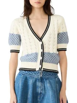 Steve Madden Fiona Tipped Cotton-blend Pointelle Cardigan - Blue