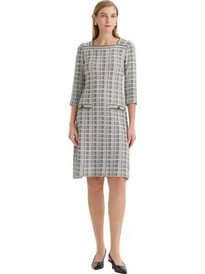 Ming Wang A-line Contrast Stitch Tweed Knit Dress - Limestone/black/white