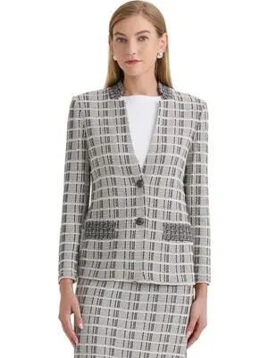 Ming Wang Tailored Contrast Stitch Tweed Knit Jacket - Limestone/black/white