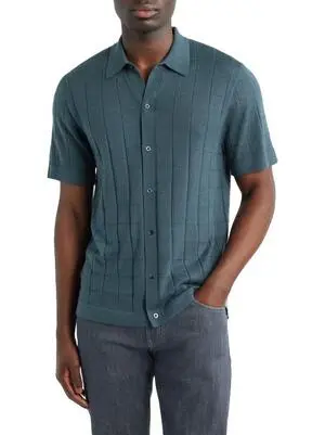Nordstrom Texture Cotton Knit Short Sleeve Button-up Shirt - Blue Slate