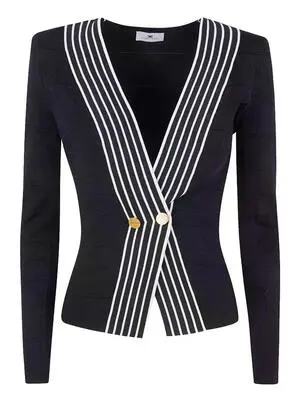 Elisabetta Franchi Striped Knit Sweater With Gold-tone Buttons - Black