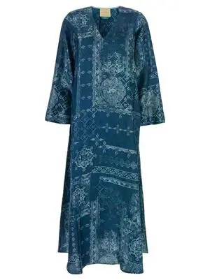 Momoni Garcia V-neck Patterned Midi Dress - Blue