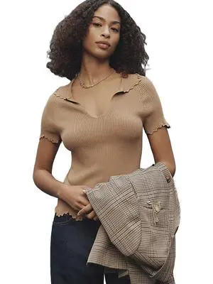 Maeve Ruffled Short-sleeve Polo Sweater - Camel