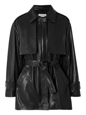 Nour Hammour Priya Belted Paneled Leather Jacket - Black