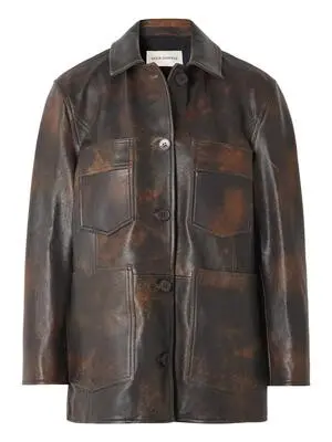Nour Hammour Paneled Distressed Leather Jacket - Brown