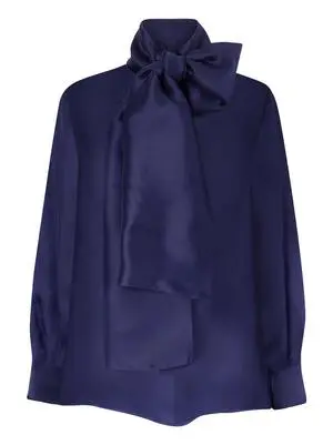 Another Tomorrow Bow-embellished Silk-organza Blouse - Indigo