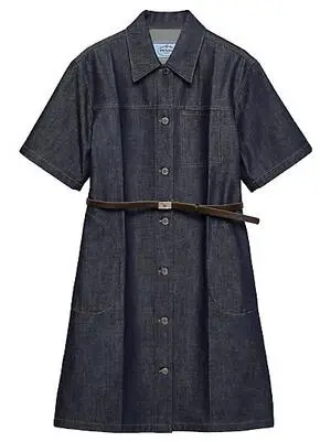 Prada Short-sleeve Belted Denim Mini Dress - Blue