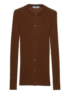 Prada Ribbed Knit Wool Cardigan - Tobacco