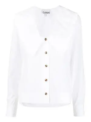 GANNI Cotton Poplin V-neck Shirt - White