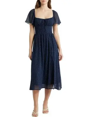 ALL IN FAVOR Heart Polka Dot Butterfly Sleeve Midi Dress - Navy White