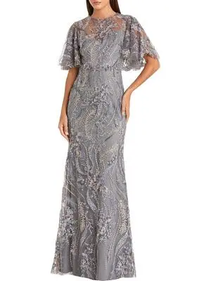Mac Duggal High Neck Flutter Sleeve Embroidered Gown - Charcoal