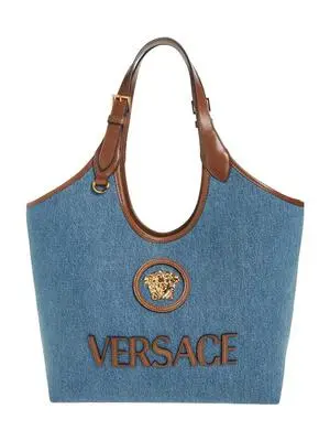 Versace La Medusa Denim Tote - Denim Brown Gold