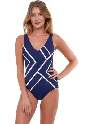 GOTTEX Mirage Full Coverage V-neck One-piece - Navy-white
