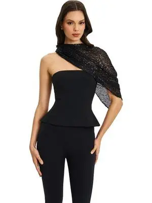 MISS CIRCLE Quinette Peplum Top With Beaded Asymmetrical Cape - Black