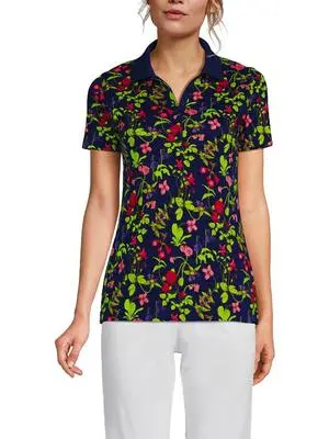 LANDS' END Supima Cotton Polo Shirt Deep Sea Multi Garden Floral
