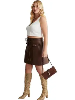 JUNE + VIE Faux Leather Mini Skirt With Drawcord Tie - Chestnut