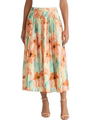 Misook Floral Pleated Crepe De Chine Maxi Skirt - Sunglow/mystic Green