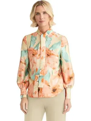 Misook Floral Printed Crepe De Chine Blouse - Sunglow/mystic Green