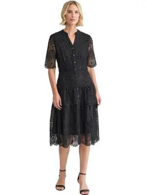 Misook A-line Tiered Lace Midi Dress - Black