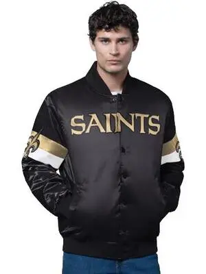 STARTER New Orleans Saints Triple Option Satin Varsity Jacket - Black