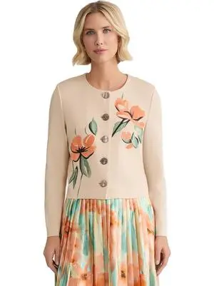 Misook Floral Embroidered Flat Knit Cardigan - Biscotti/mystic Green